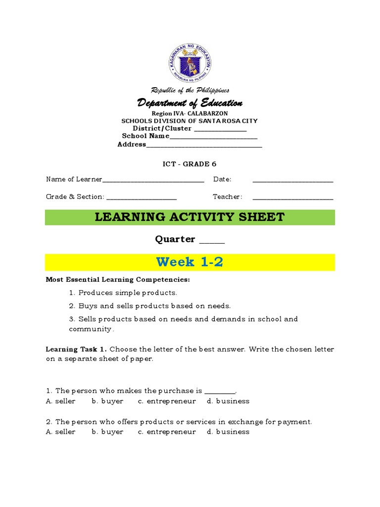 Learning Activity Sheet LAS in ICT 6 | PDF | Spreadsheet | Multimedia