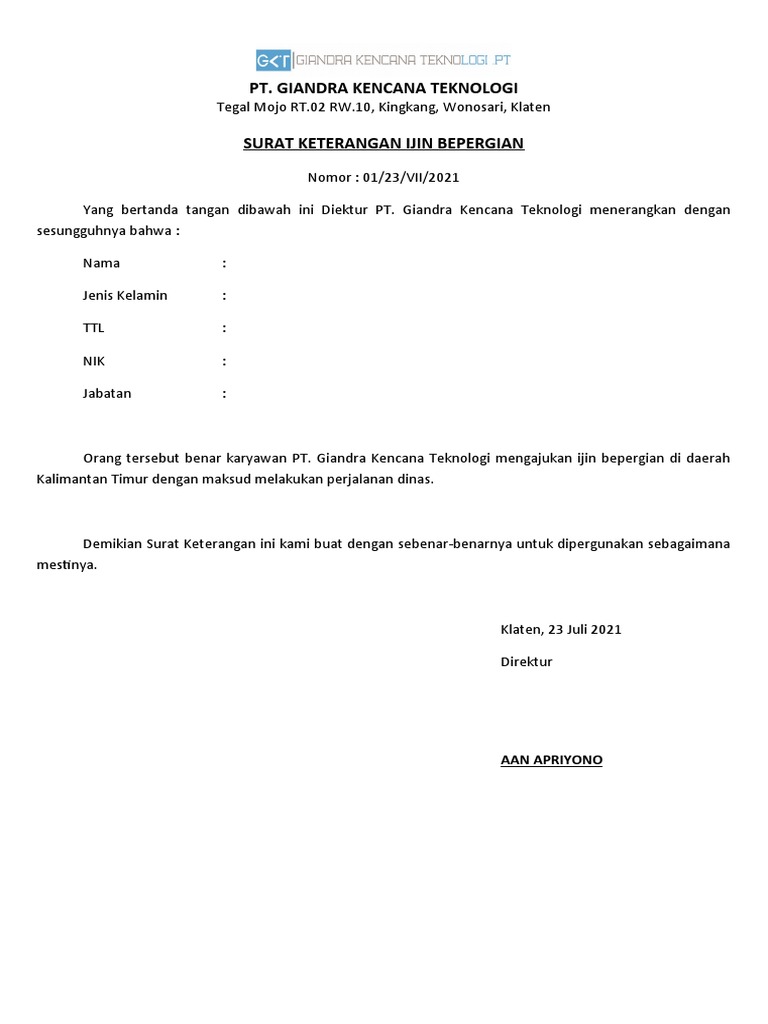 Surat Keterangan Ijin Bepergian | PDF