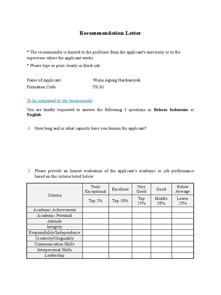Recommendation Letter Form | PDF