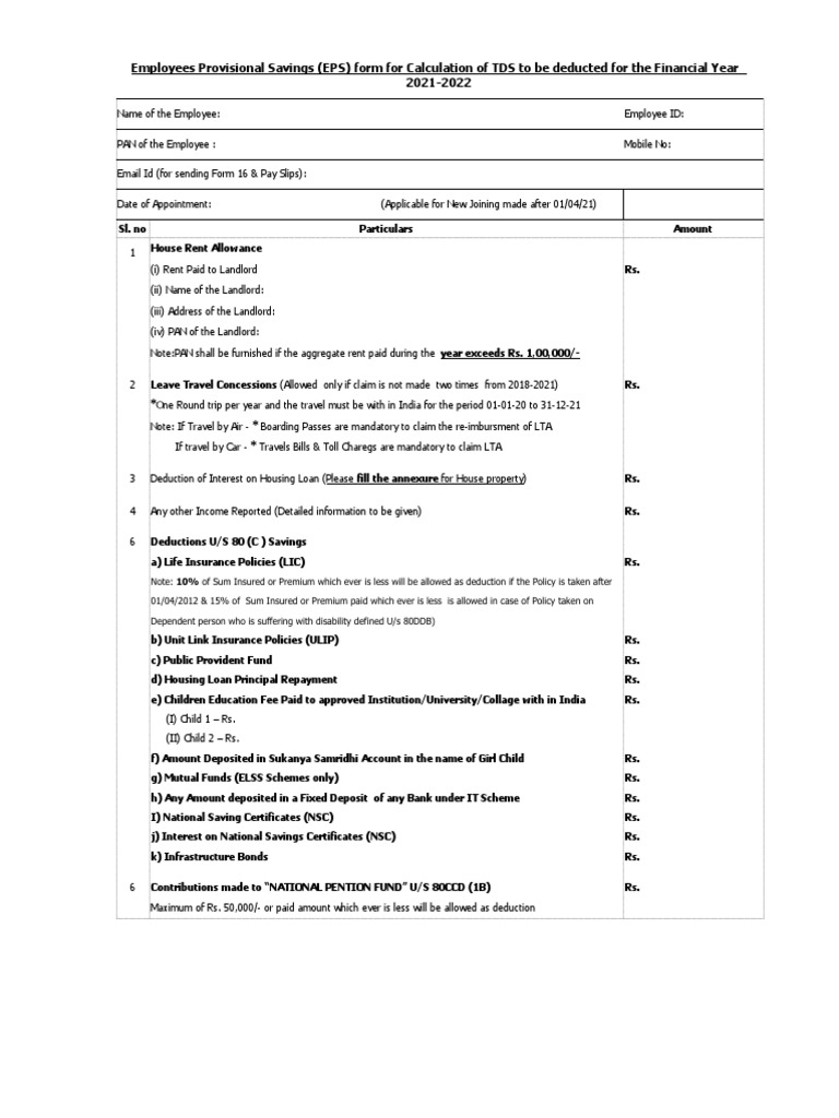 Employees Provisional Savings (EPS) Form For Calculation of TDS To Be ...
