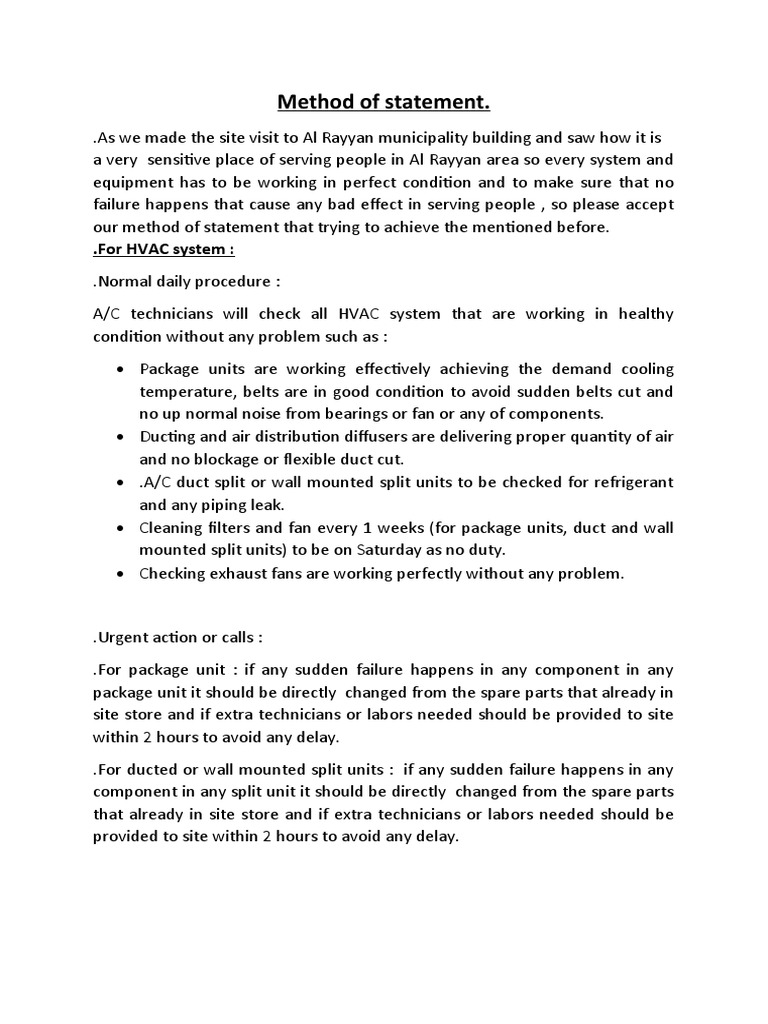 Method of Statement | PDF | Air Conditioning | Duct (Flow)