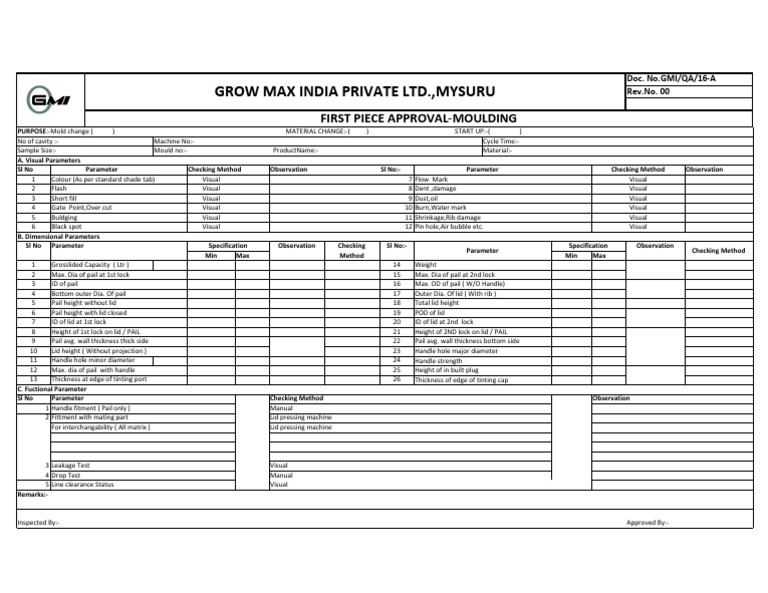 Grow Max India Private Ltd.,Mysuru: First Piece Approval-Moulding | PDF ...