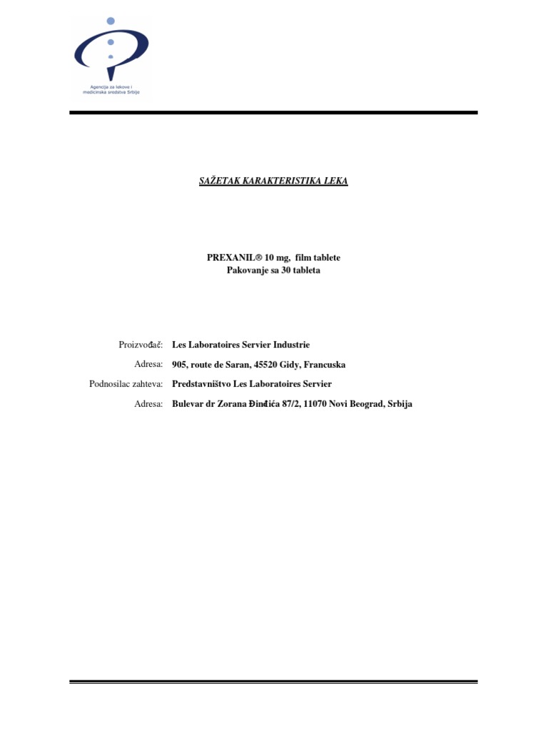 Sažetak Karakteristika Leka: PREXANIL® 10 MG, Film Tablete Pakovanje Sa ...