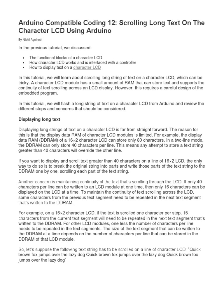 Arduino Compatible Coding 12 Scrolling Long Text On The Character Lcd Using Arduino Pdf