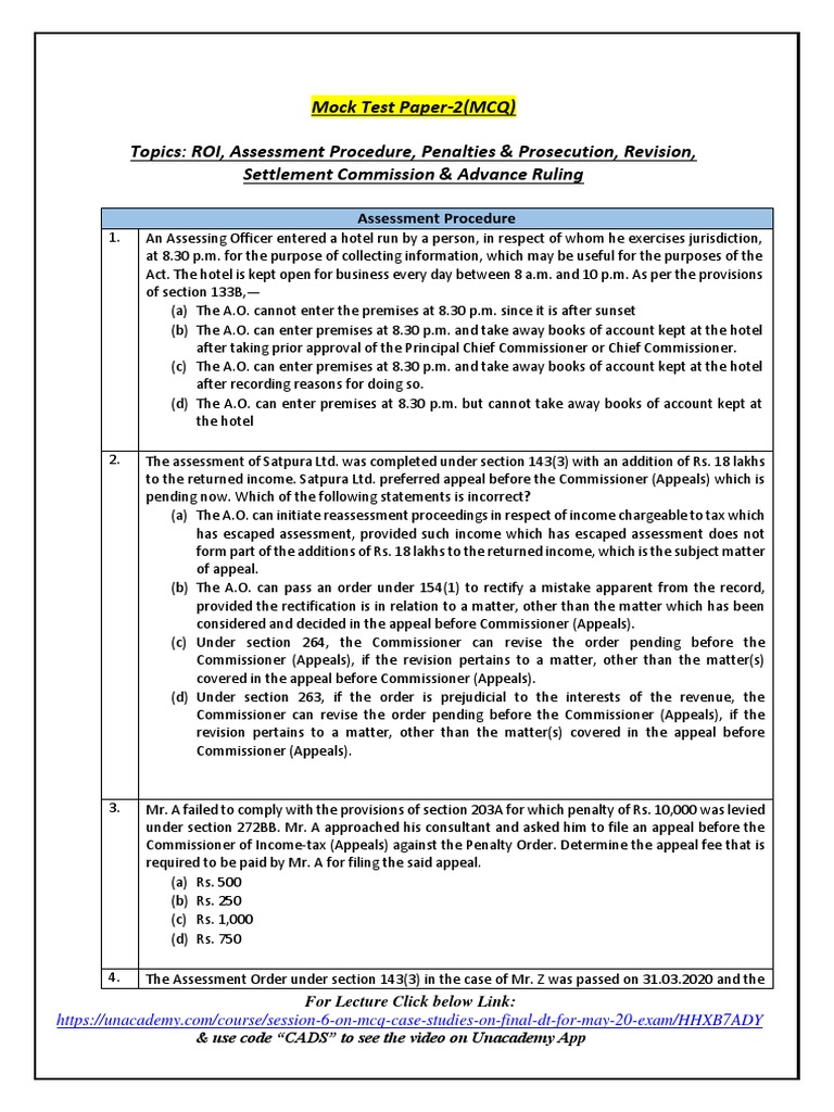 MTP 2 (Extra MCQ) - Question Paper | PDF | Income Tax | Taxes