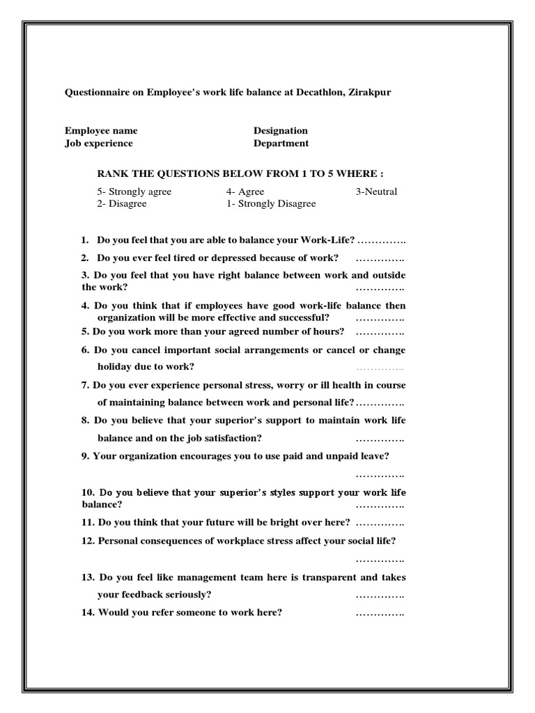 Questionnaire On Employee Worklife Balance | PDF | Career & Growth