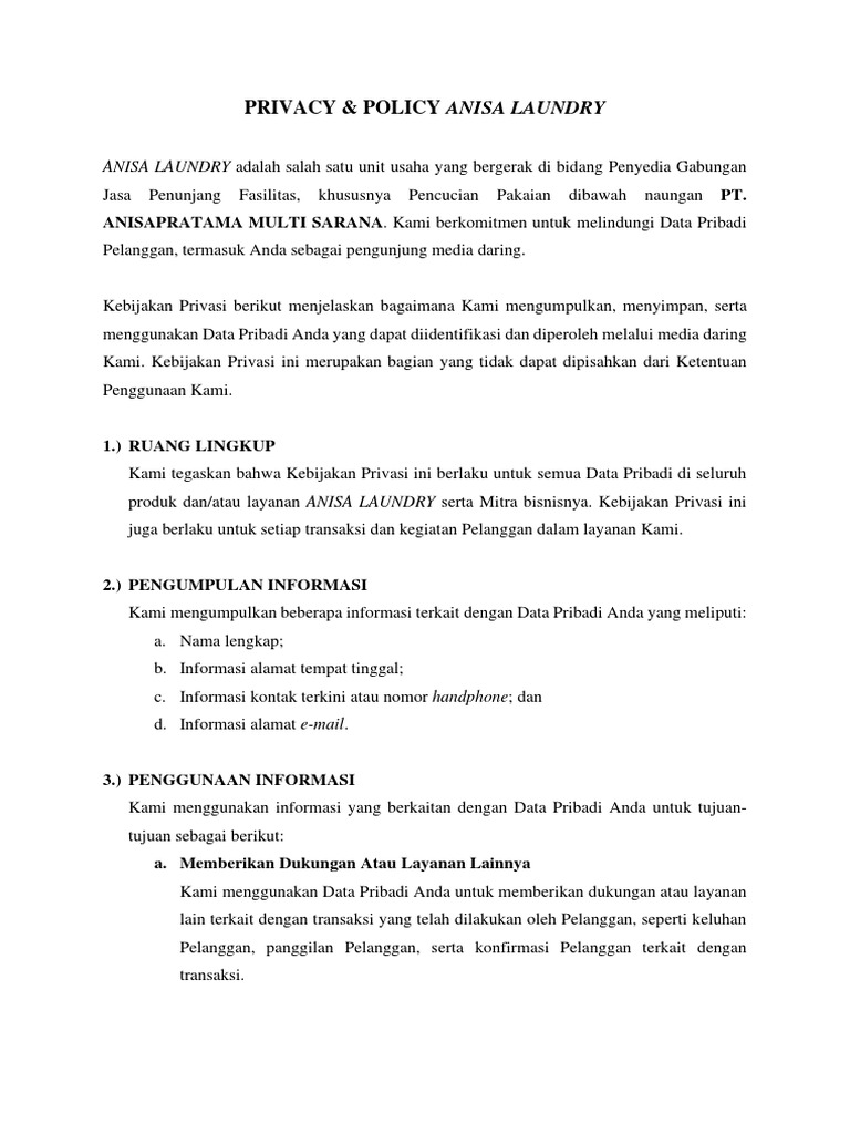 Privacy Policy Anisa Laundry | PDF
