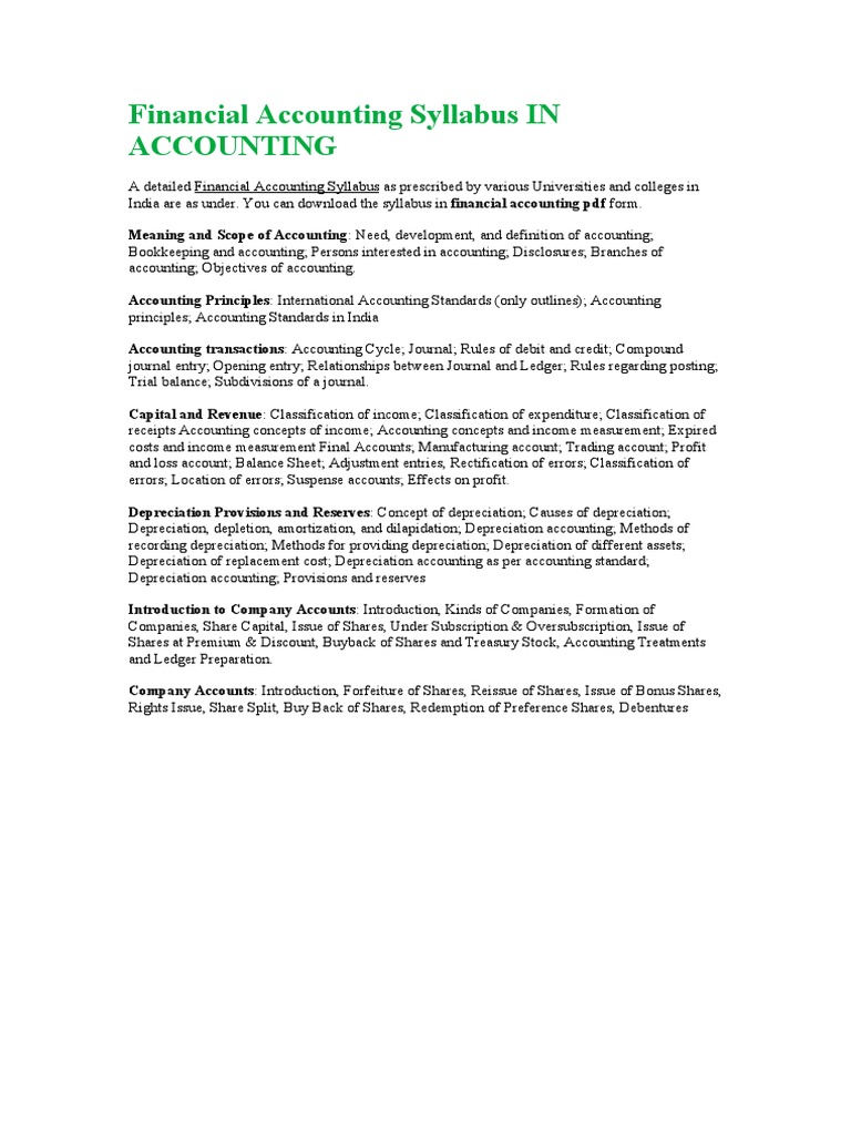 Financial Accounting Syllabus IN ACCOUNTING | PDF