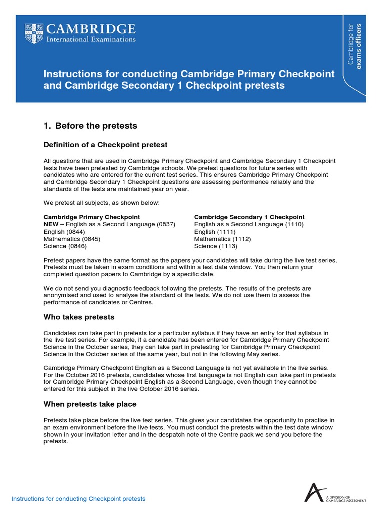Cambridge Checkpoint Pretest Instructions | PDF | Test (Assessment ...