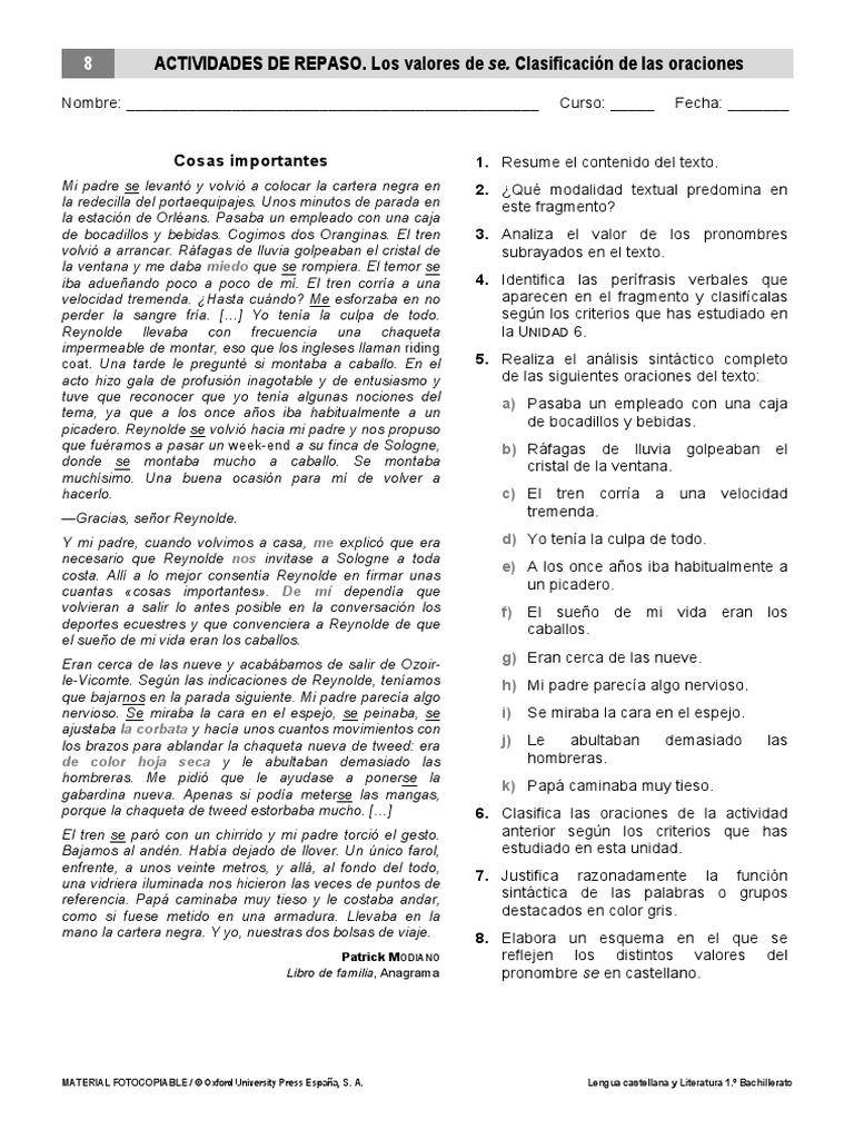 08 Repaso Sol Valores Se Clasificacion Oraciones | PDF | Verbo | Asunto (gramática)
