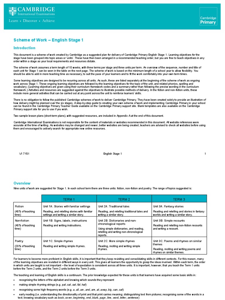 Scheme of Work - English Stage 1 | PDF | Phonics | Syllable