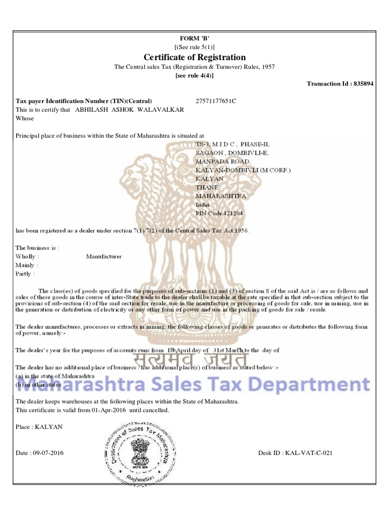Certificate of Registration: Form 'B' | PDF