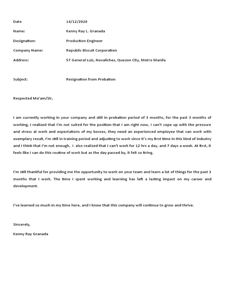 Resignation Letter | PDF | Foods | Cooking