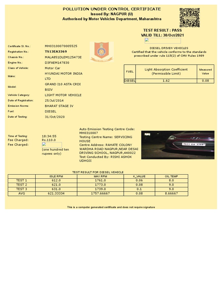 Pollution Under Control Certificate: Issued By: NAGPUR (U) Authorised ...