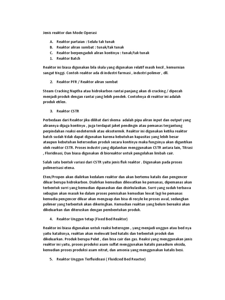Jenis Reaktor dan Mode Operasinya | PDF