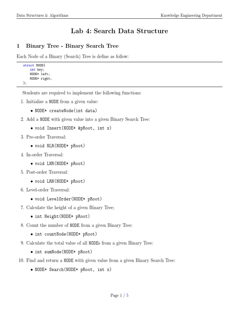 Lab 4: Search Data Structure: 1 Binary Tree - Binary Search Tree | Download Free PDF | Computer ...