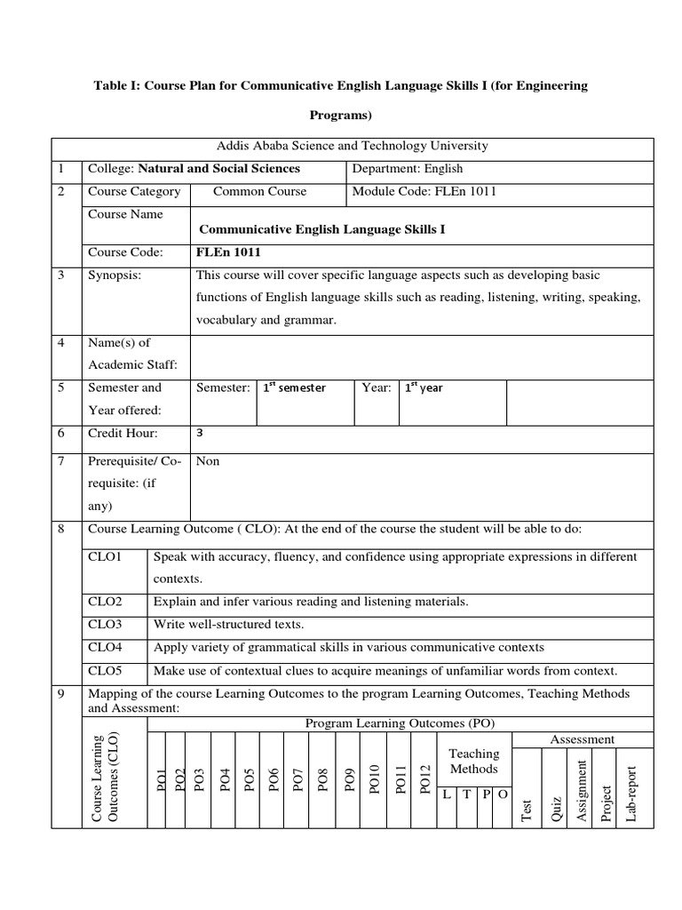 Table I: Course Plan For Communicative English Language Skills I (For ...