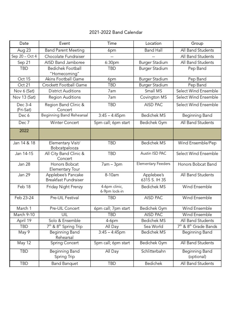 Band Calendar 2021-22 | PDF | Musical Groups