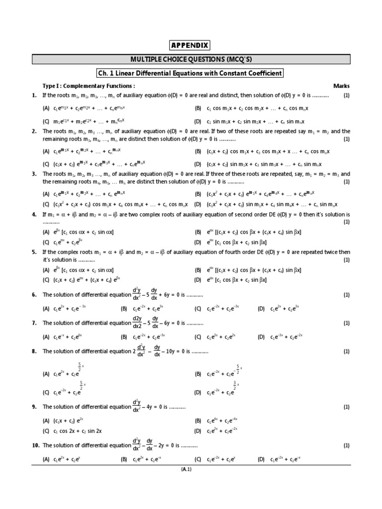 Appendix Multiple Choice Questions (MCQ'S) Ch. 1 Linear Differential ...
