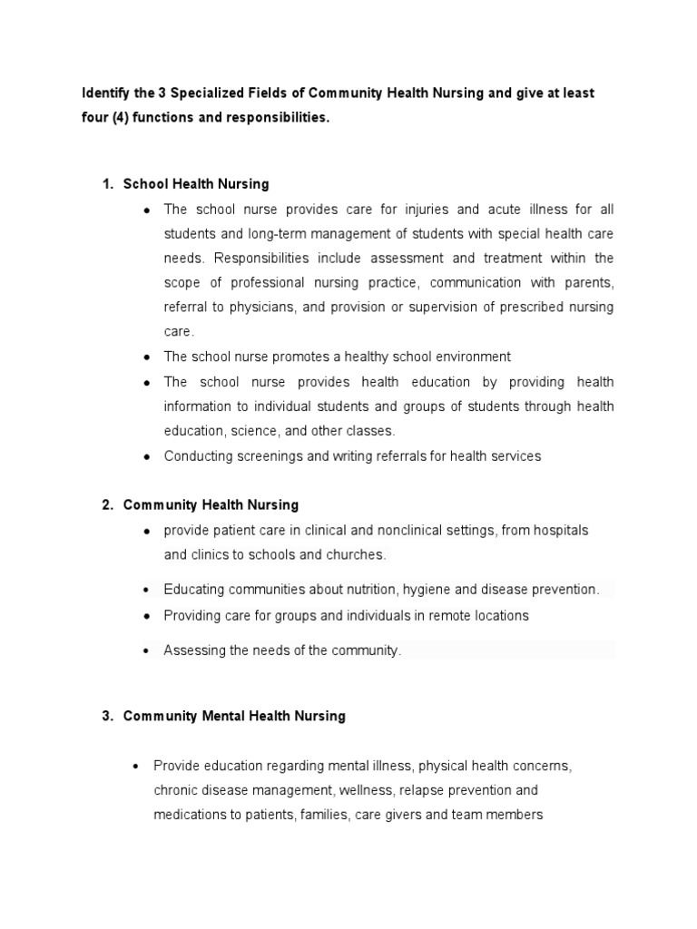 Specialized Fields of Community Health Nursing | PDF
