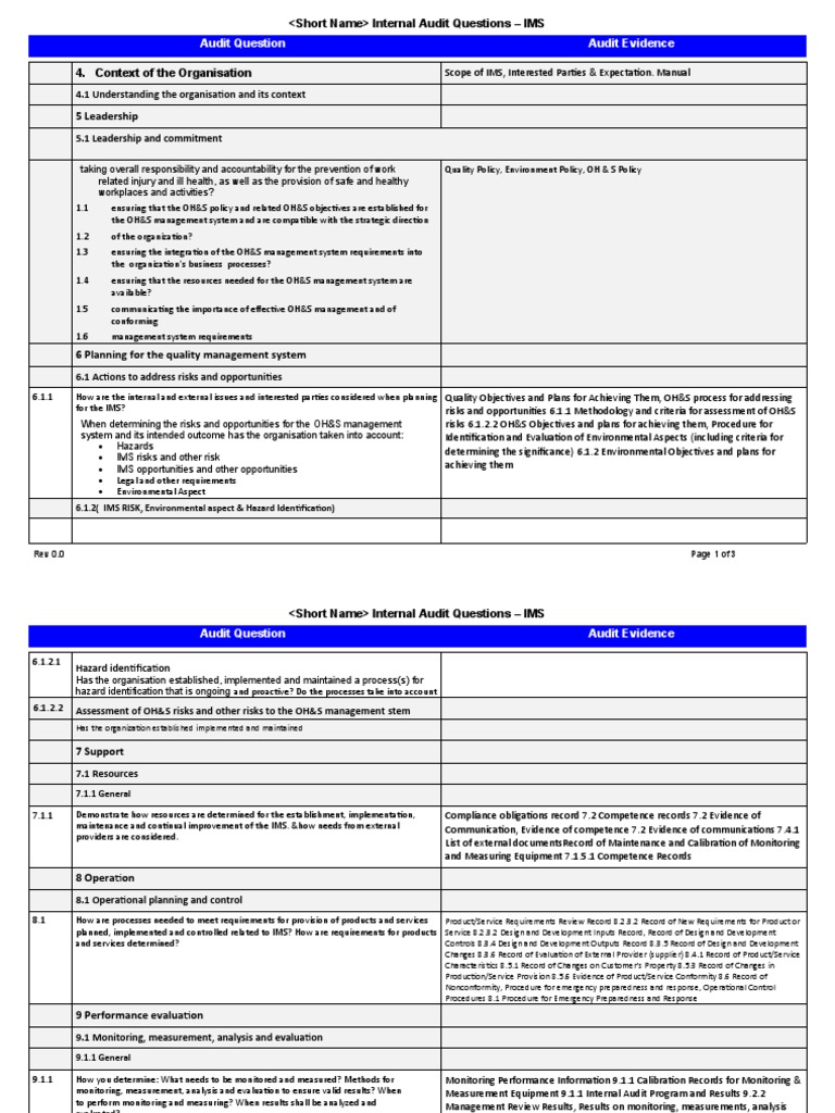 Internal Audit Checklist IMS | Download Free PDF | Audit | Internal Audit