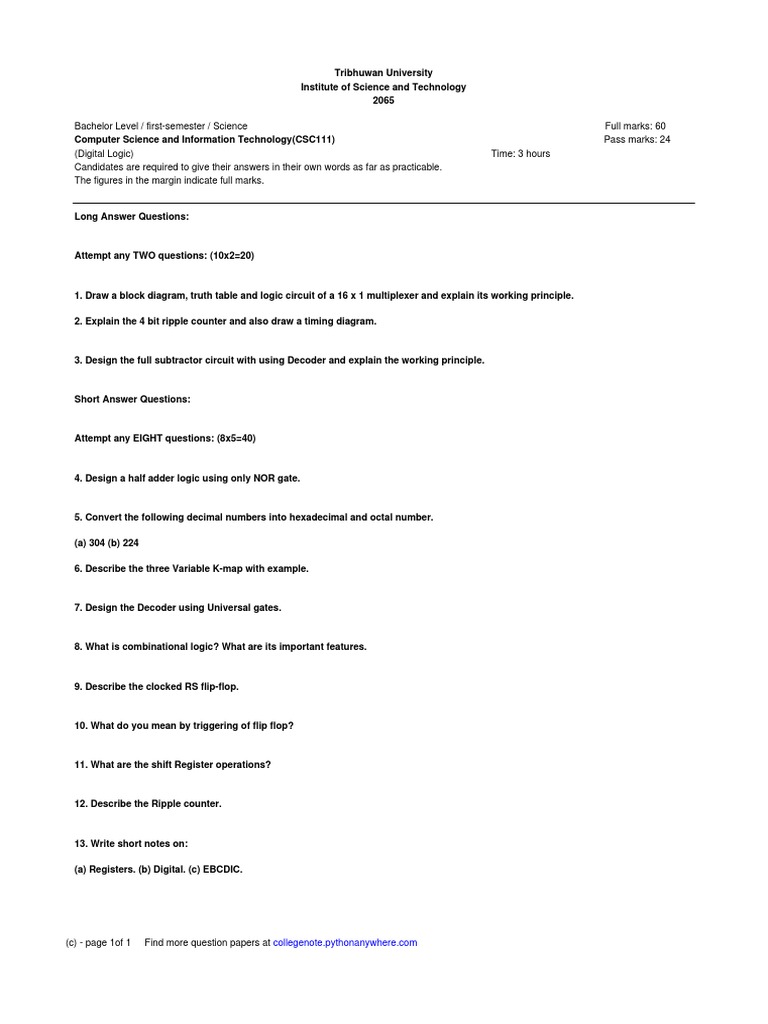 Digital Logic 2065 Questionpaper | PDF