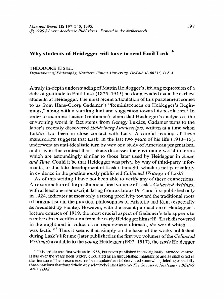 Kisiel, T. Why Students of Heidegger Will Have To Read Emil Lask | PDF ...