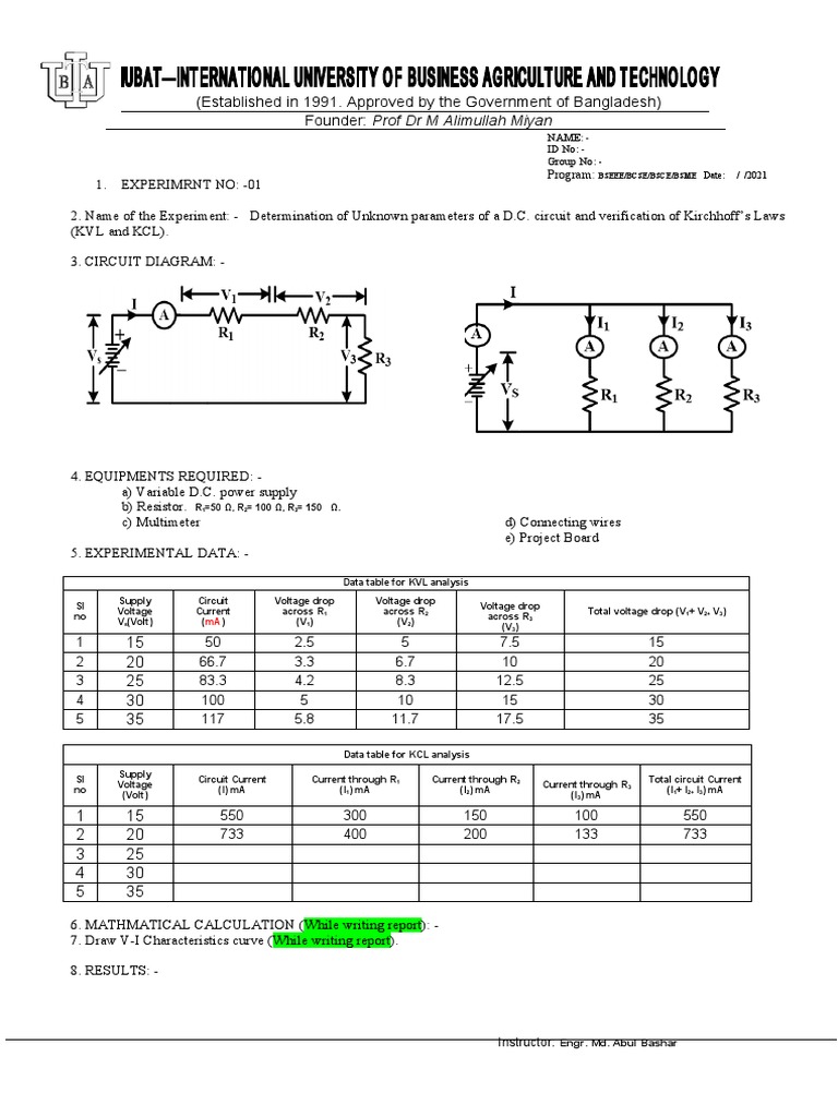 Experiment-01 - KVL and KCL Analysis | PDF | Electrical Network | Voltage