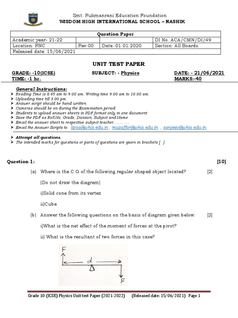 Grade 10 Physics Unit Test Paper 2021-22 | PDF | Force | Torque