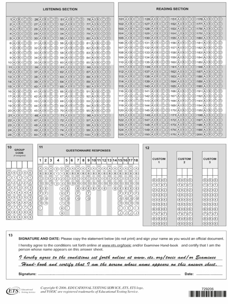 Mau Answer Sheet Toeic | PDF