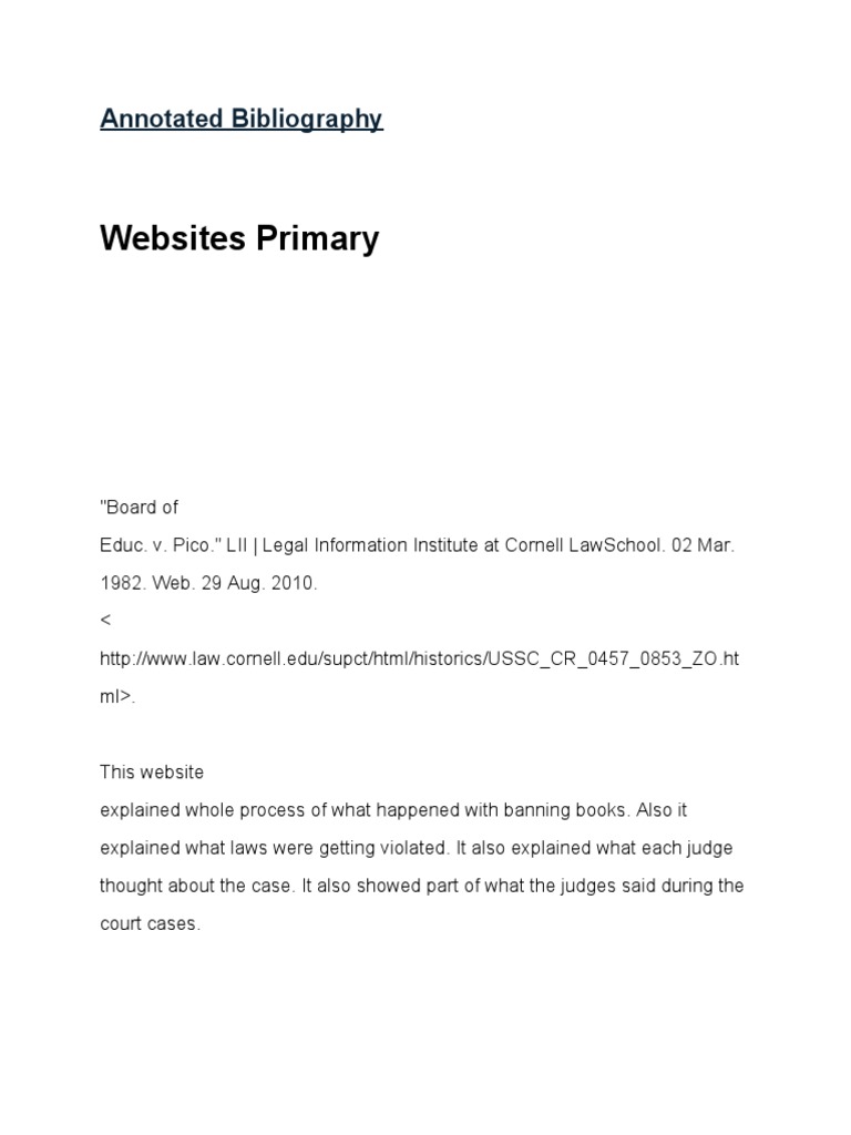 Websites Primary: Annotated Bibliography | PDF | Supreme Court Of The ...