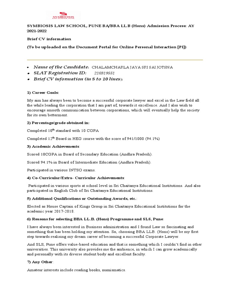 Name of The Candidate SLAT Registration ID Brief CV Information (In 8 ...