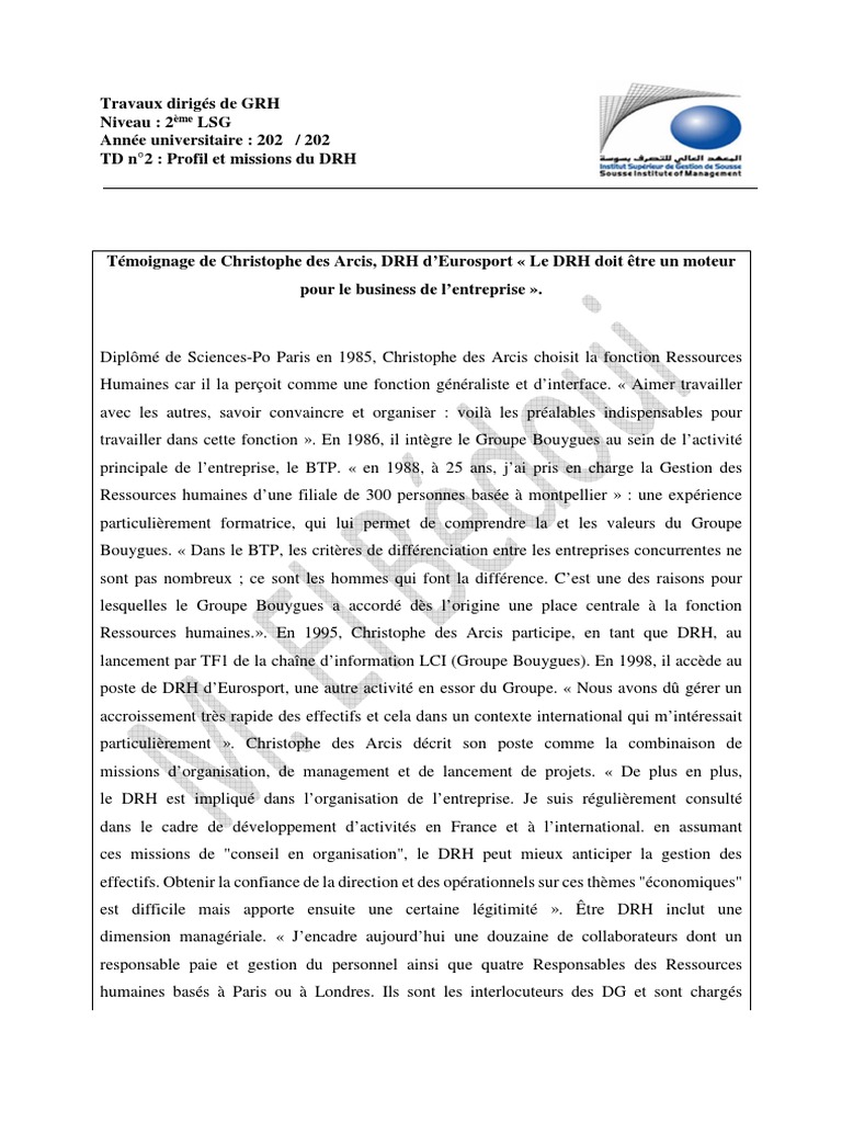 GRH 2LSG TD2 TD7 Et Corrigés | PDF | Gestion des ressources humaines | Recrutement