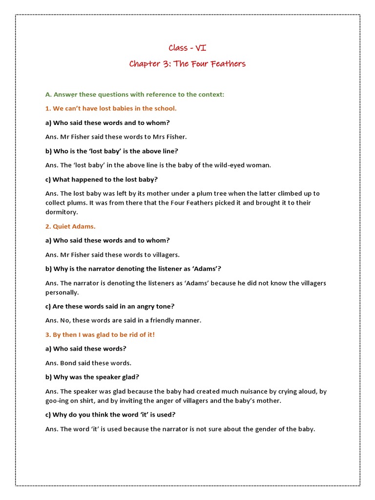 Class - VI Chapter 3: The Four Feathers: A. Answer These Questions With ...