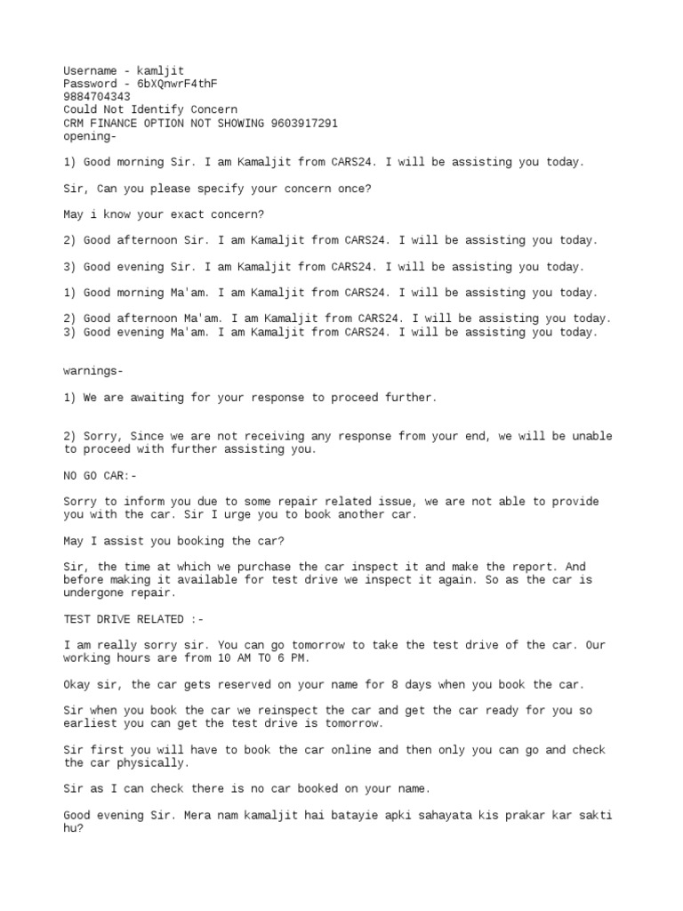 CARS24 Customer Service Representative Transcript Documenting Various ...