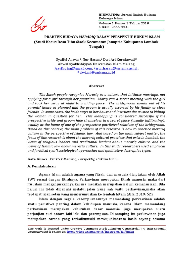 Praktek Budaya Merariq Dalam Perspektif Hukum Islam | PDF