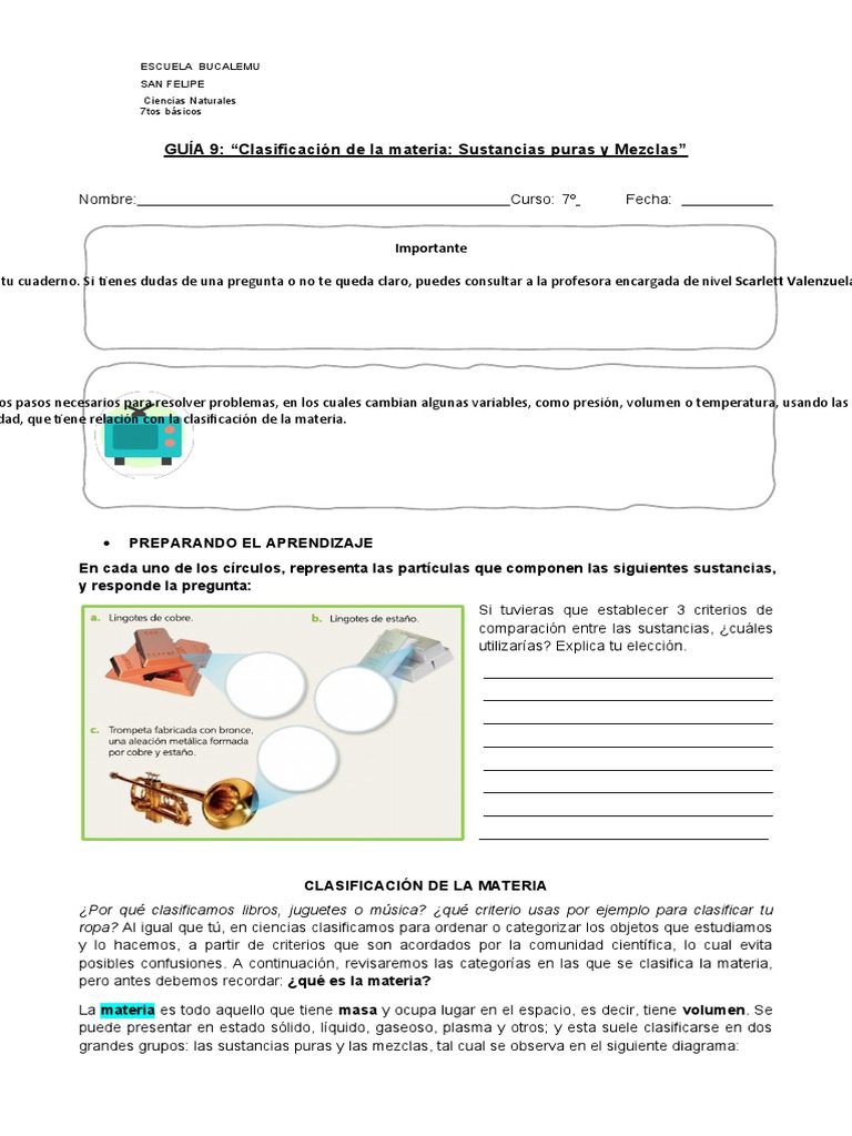 Clasificación de Materia: Guía 7º Básico | PDF | Mezcla | Sustancias ...