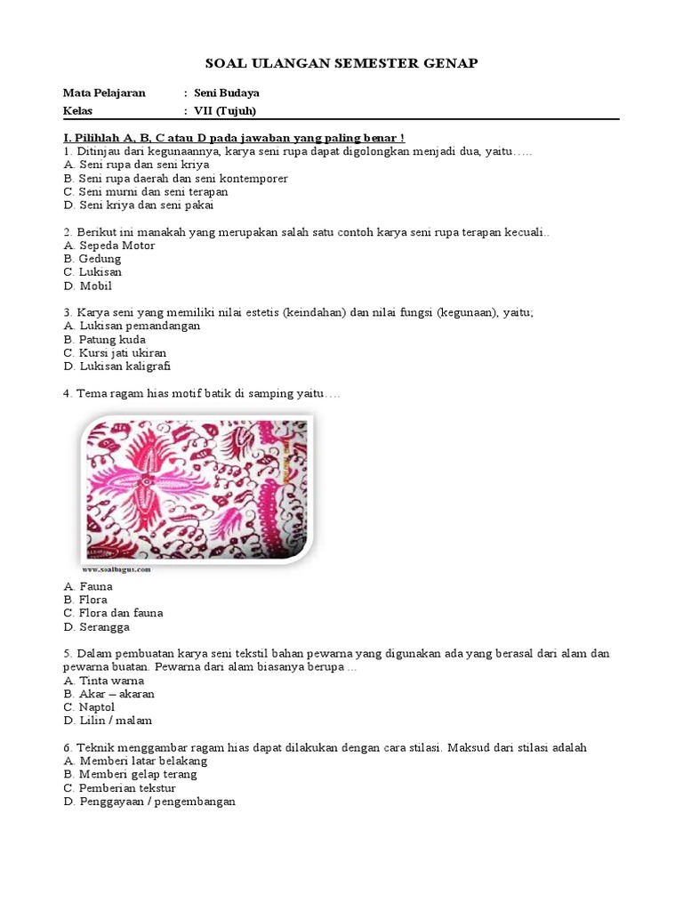 Soal Ukk Smt 2 Kelas 7 Mapel Seni Budaya Pdf