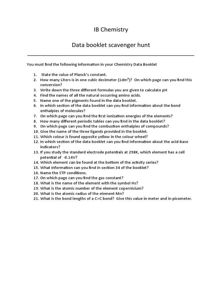 IB Chemistry Data Booklet Scavanger Hunt | PDF