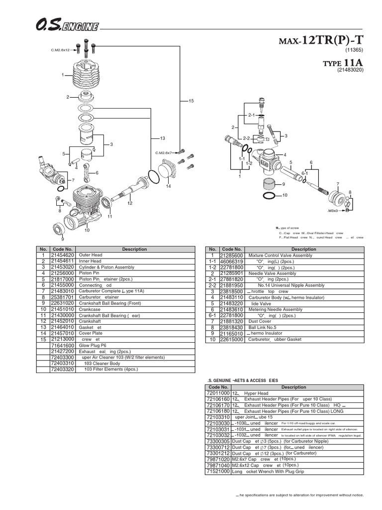 O.S. Engines .12TR Engine Manual | PDF | Piston | Carburetor
