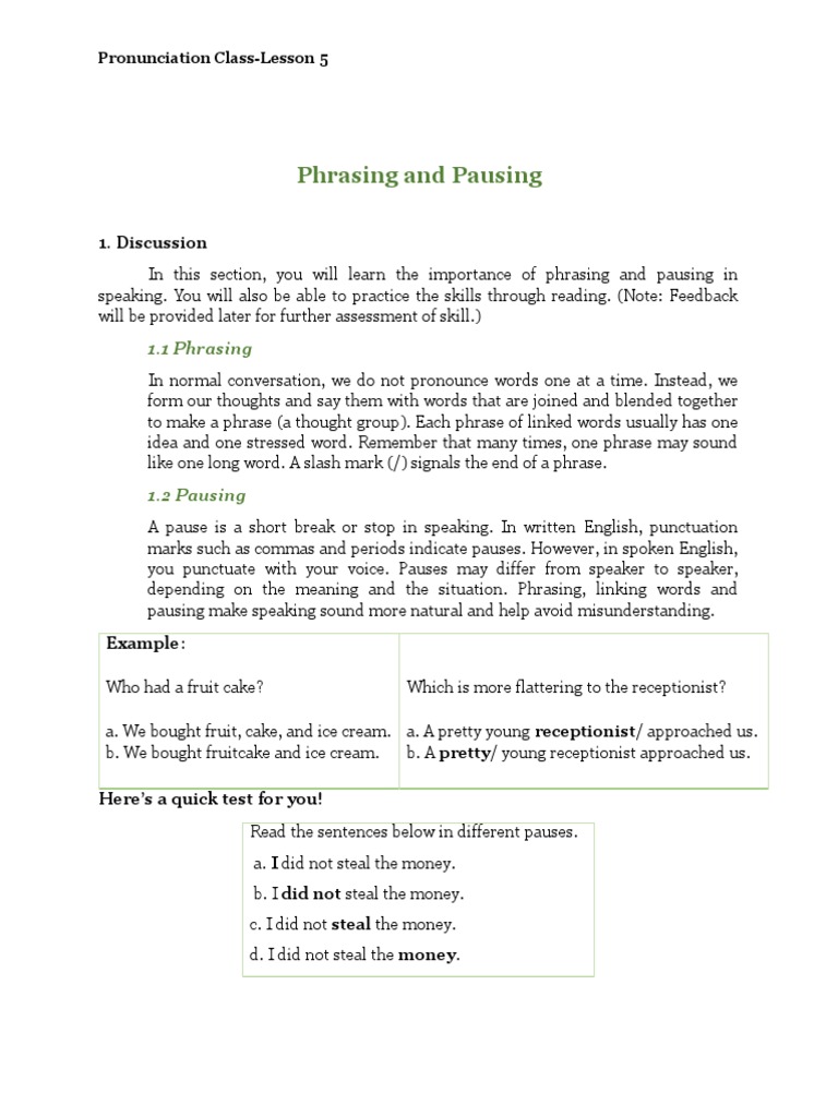 Lesson 5 - Phrasing and Pausing | PDF | English Language | Copyright ...