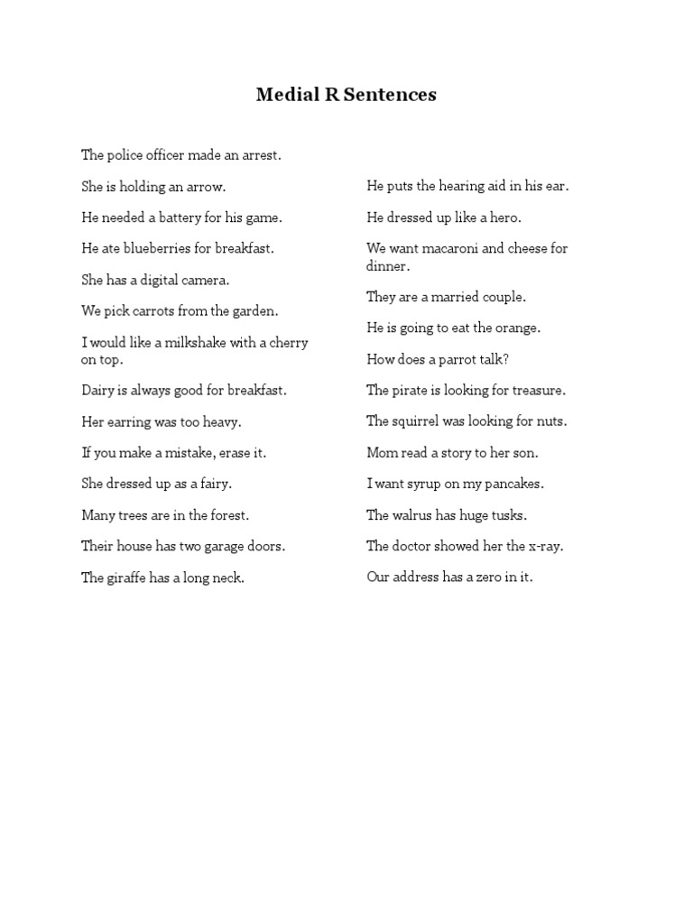 Medial R Sentences for Speech Practice | PDF