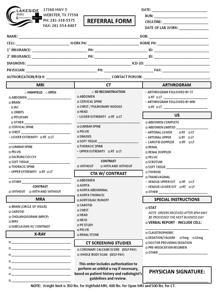Lakeside MRI Order Form | PDF | Vertebral Column | Magnetic Resonance ...