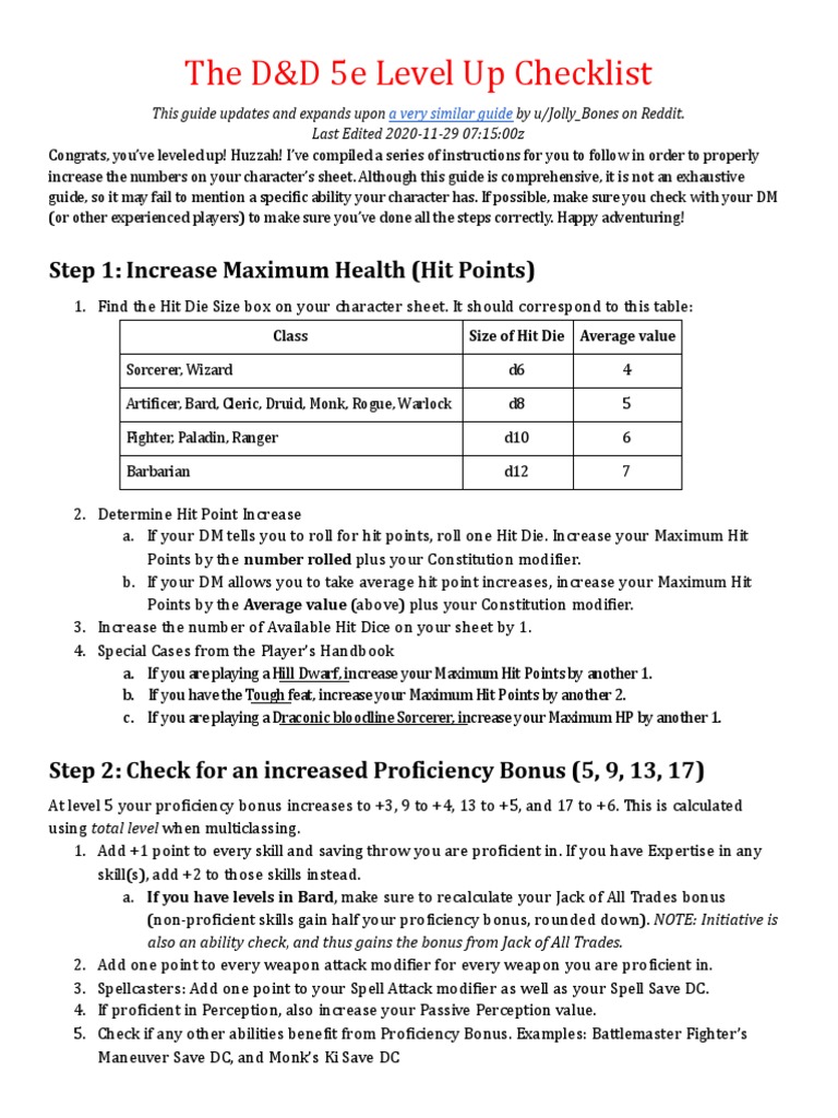 The D&D 5e Level Up Checklist: Step 1: Increase Maximum Health (Hit ...