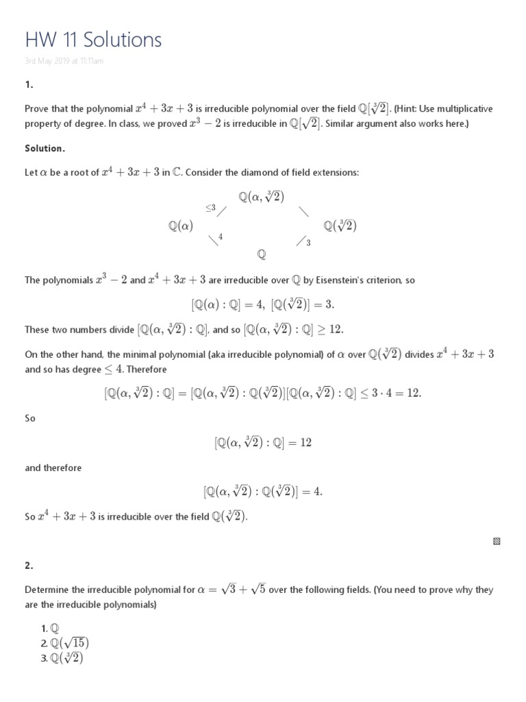 HW 11 Solutions: 3rd May 2019 at 11:11am | PDF | Ring (Mathematics ...