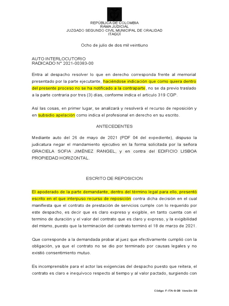 2021-00383 Resuelve Reposición Cotra Auto Que Niega Mandamiento Contrato Prestacion Servicios ...