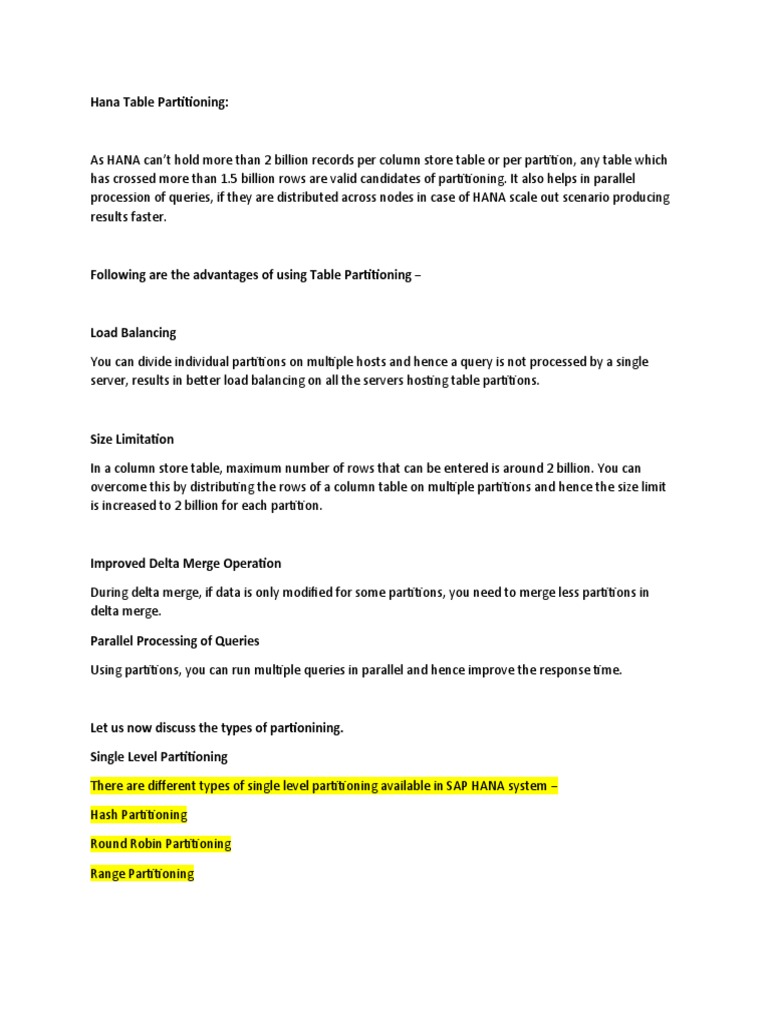 Hana Table Partitioning | Download Free PDF | Table (Database) | Load Balancing (Computing)