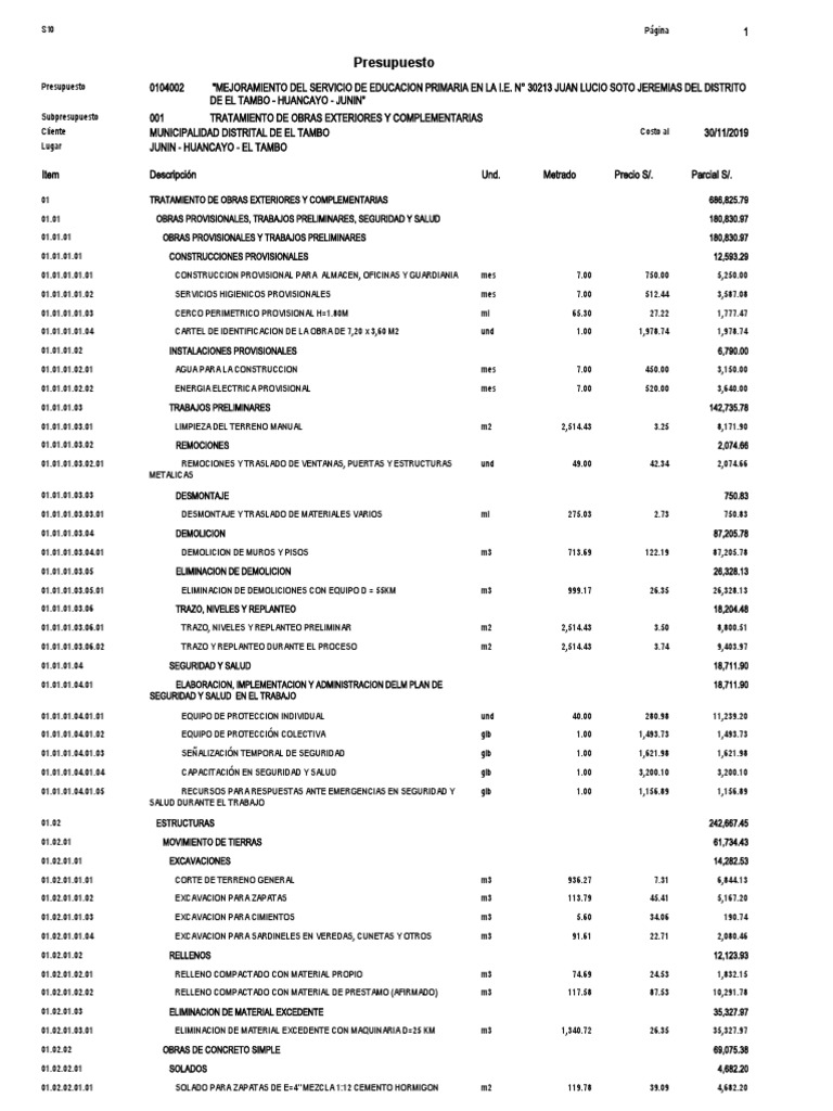 PRESUPUESTO Obras Exteriores y Complementarias | Descargar gratis PDF | Construyendo tecnología ...