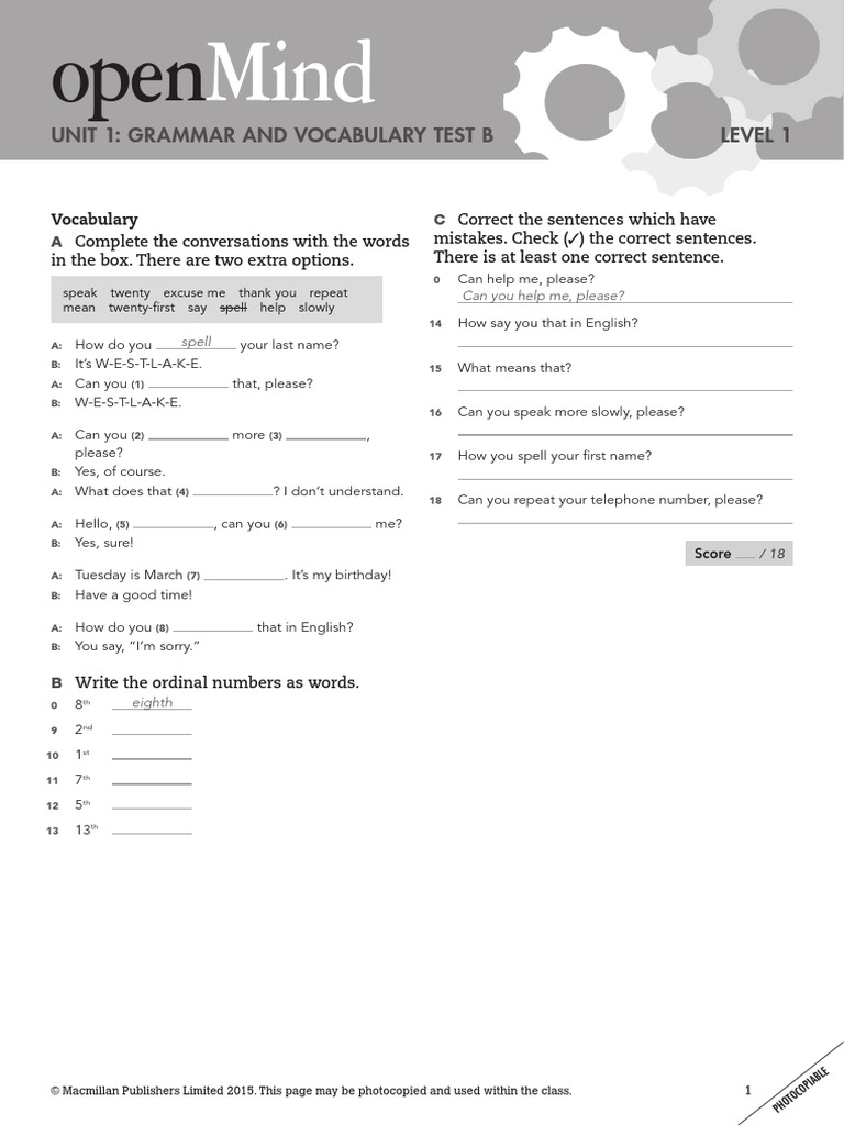 Openmind 1 Unit 1 Grammar and Vocabulary Test B | PDF | Human ...