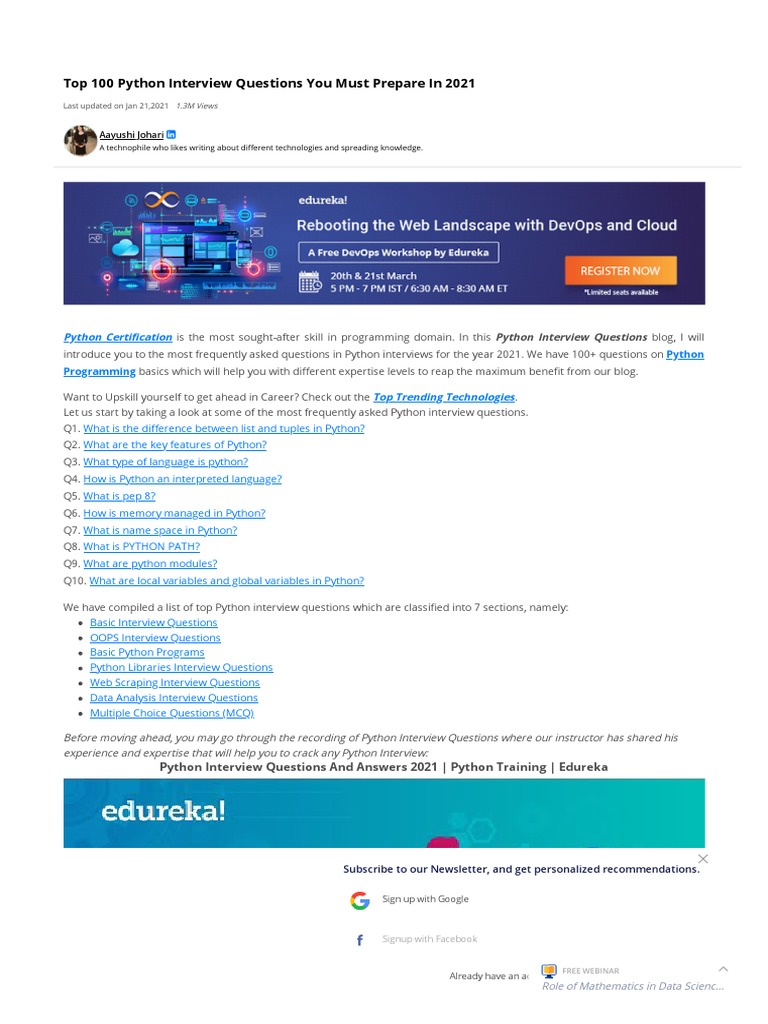 Top 100 Python Interview Questions & Answers For 2021 - Edureka | PDF | Class (Computer ...